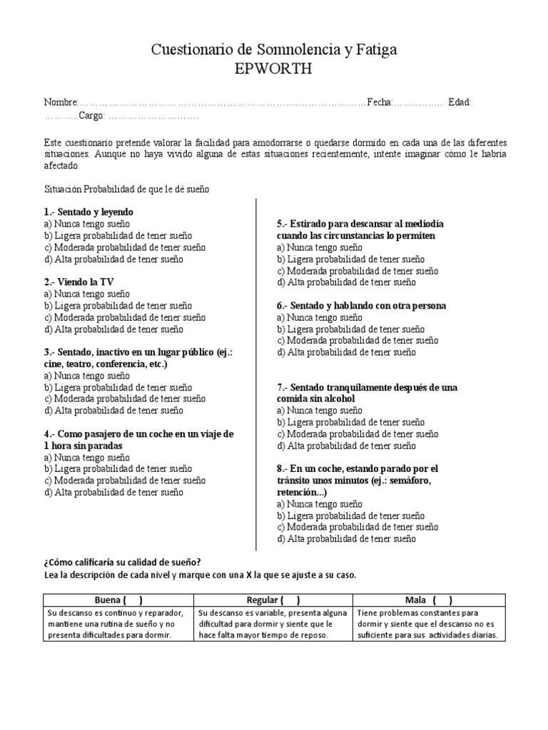 Cuestionario de Somnolencia Epworth | PDF | Dormir | Salud y bienestar