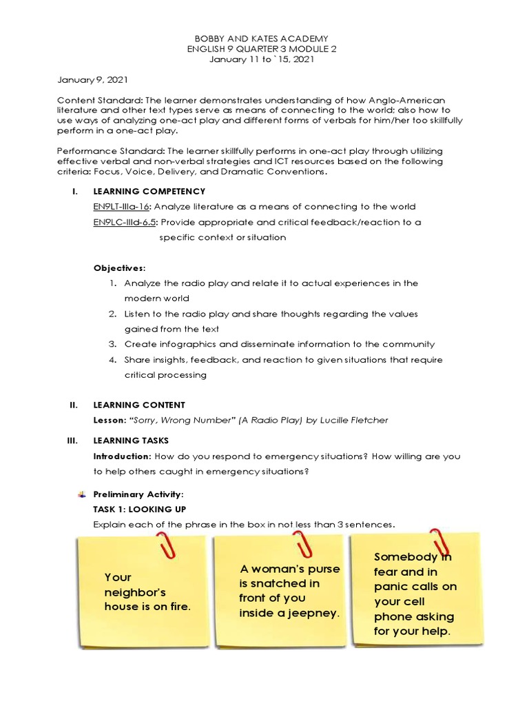 Quarter 3 English 9 Module 2 Bobby and Kates Academy | PDF | Telephone ...