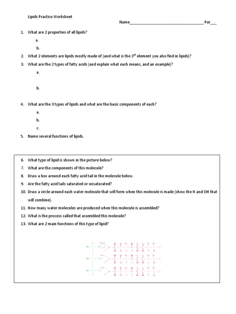 Lipids Practice Worksheet and Answers | PDF