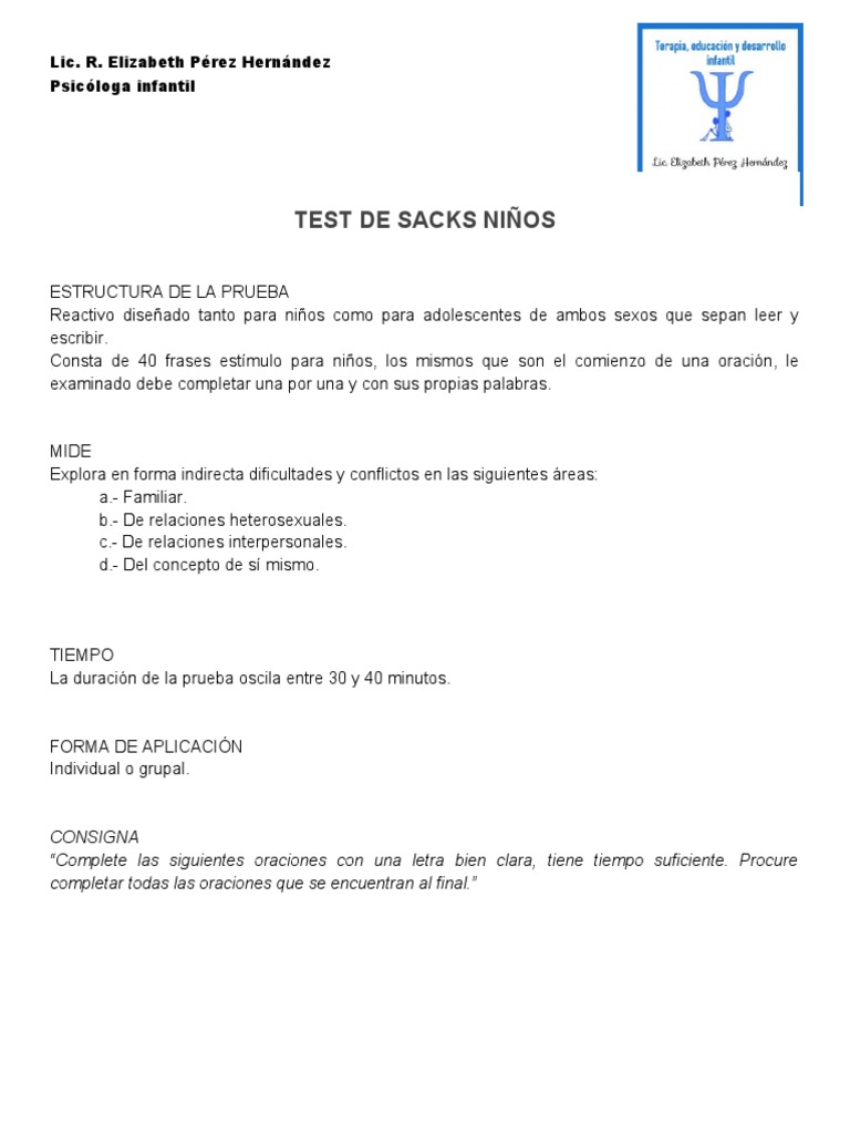 Test de Sacks Niños y Adol. | PDF | Sicología | Science