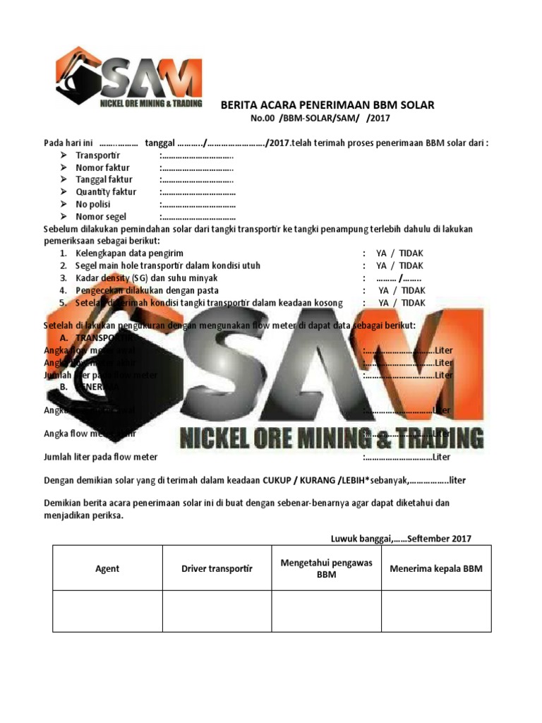Data Laporan Berita Acara Penerimaan BBM Solar | PDF