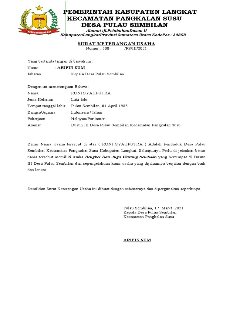 Surat Keterangan Usaha Roni Syahputra Nelayan Bengkel Warung | PDF