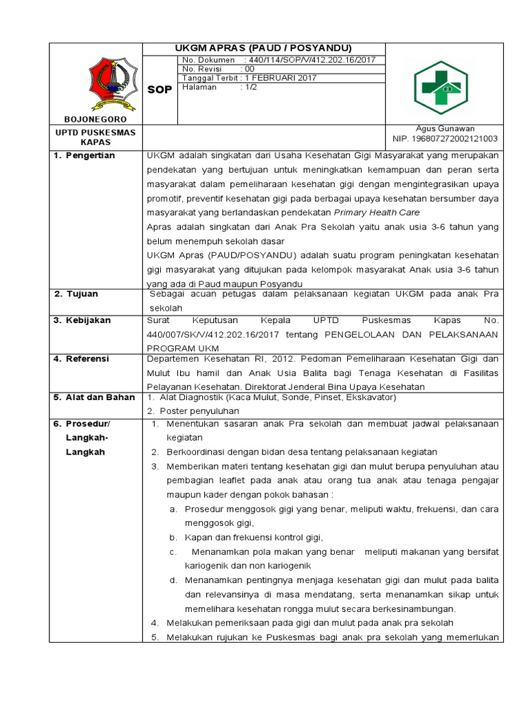 SOP UKGM untuk Anak Pra Sekolah | PDF