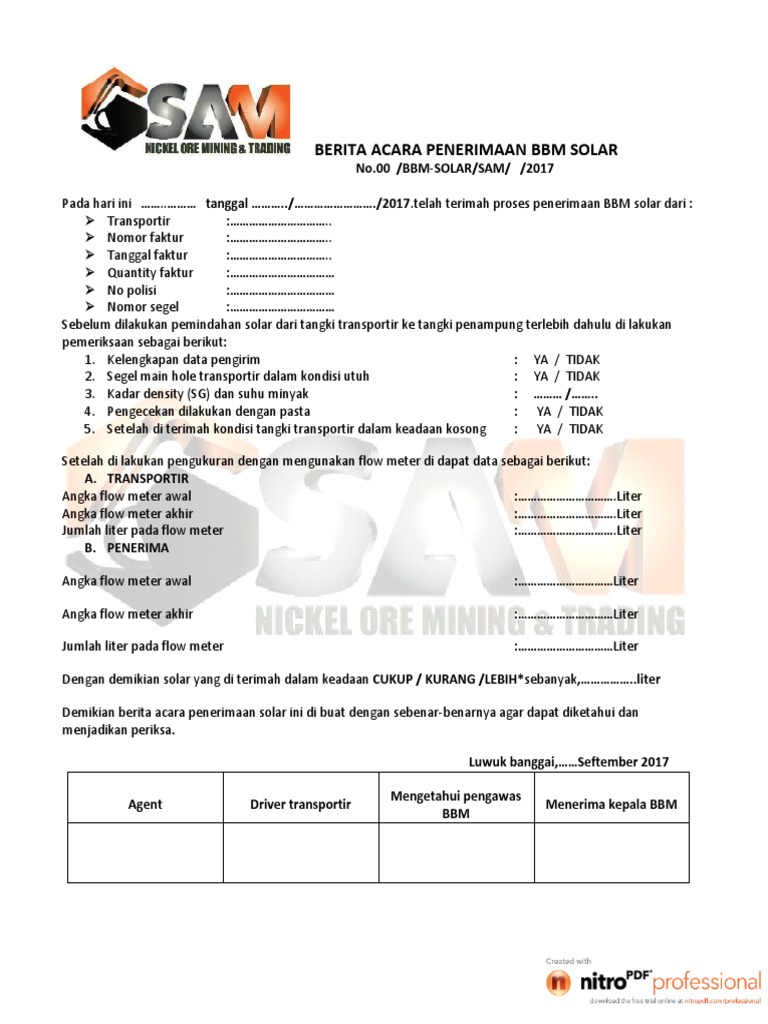 Data Laporan Berita Acara Penerimaan BBM Solar | PDF