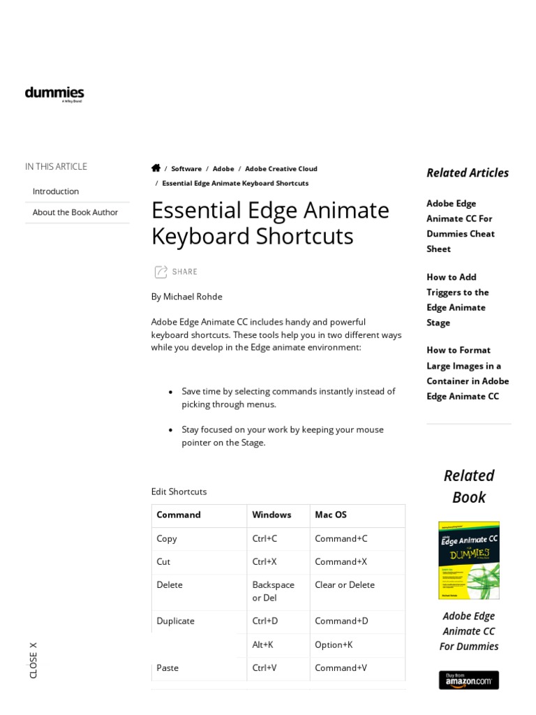 Essential Edge Animate Keyboard Shortcuts - Dummies | Download Free PDF ...