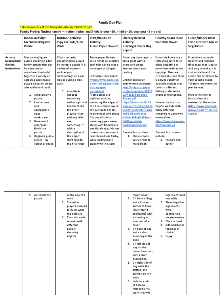 Family Day Plan Assignment | PDF