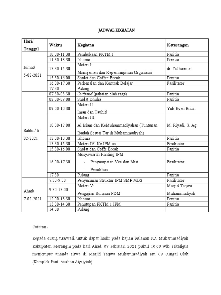 Jadwal Kegiatan PKTM 1 2021 | PDF