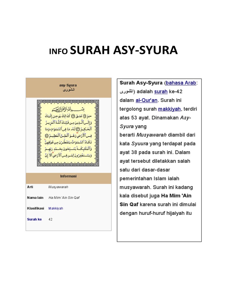 Surah Asy-Syura: Makna dan Klasifikasi | PDF
