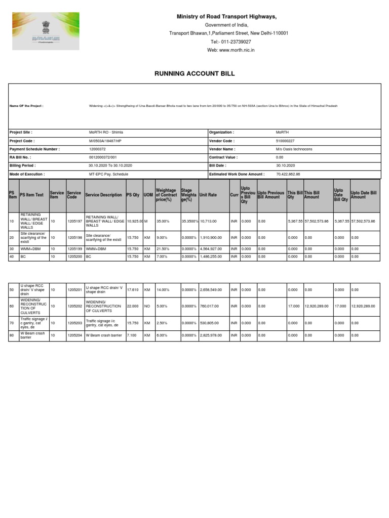 Running Bill Format Sample | PDF | Road | Transportation Engineering