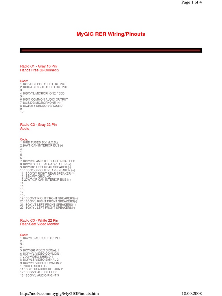 Mygig Rer Wiring/Pinouts: Radio C1 - Gray 10 Pin Hands Free (U-Connect ...