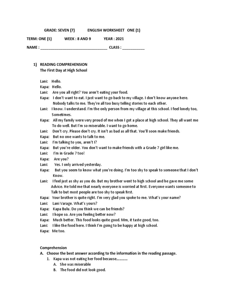 Grade 7 English Worksheet: Term 1 | PDF | Language Arts & Discipline ...