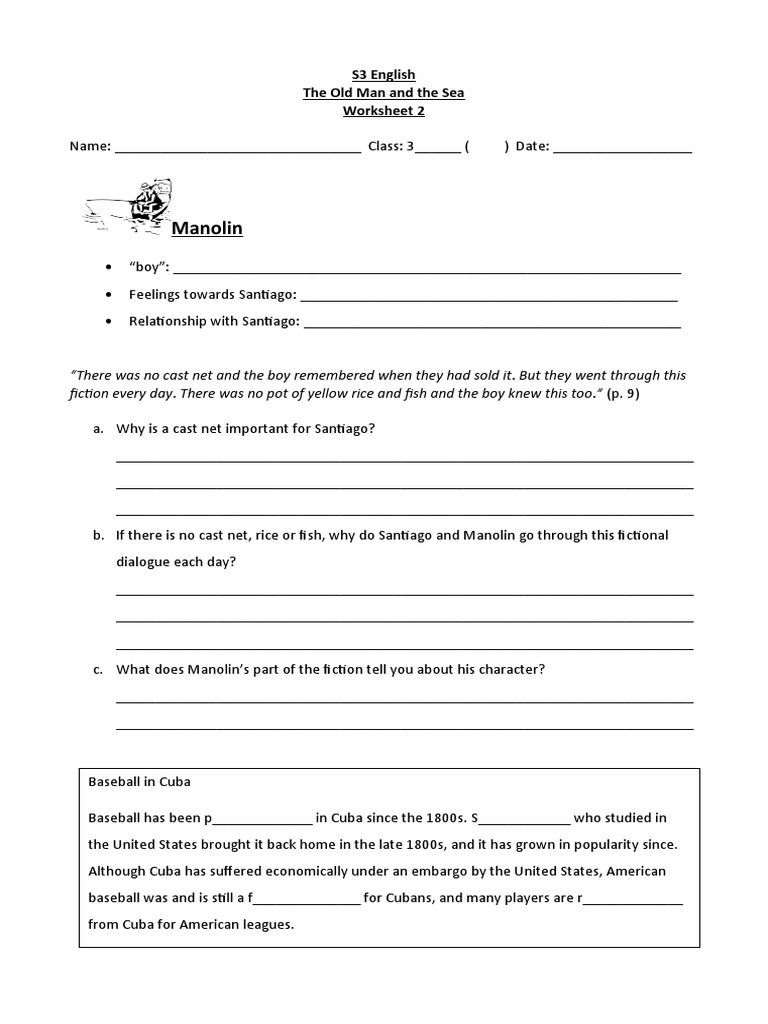 Manolin: S3 English The Old Man and The Sea Worksheet 2 | PDF