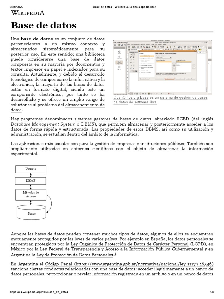 Base de Datos - Wikipedia, La Enciclopedia Libre | PDF | Base de datos ...