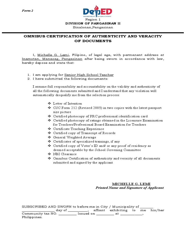 Omnibus Certification of Authenticity and Veracity of Documents | PDF | Identity Document ...