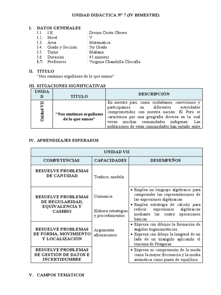 Unidad VII: Matemáticas para 5to Grado | PDF | Factorización | Álgebra