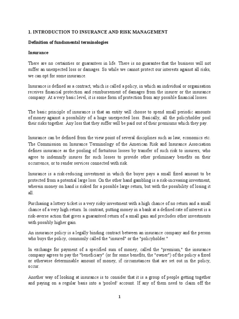 Introduction To Insurance and Risk Management | PDF | Insurance | Risk ...