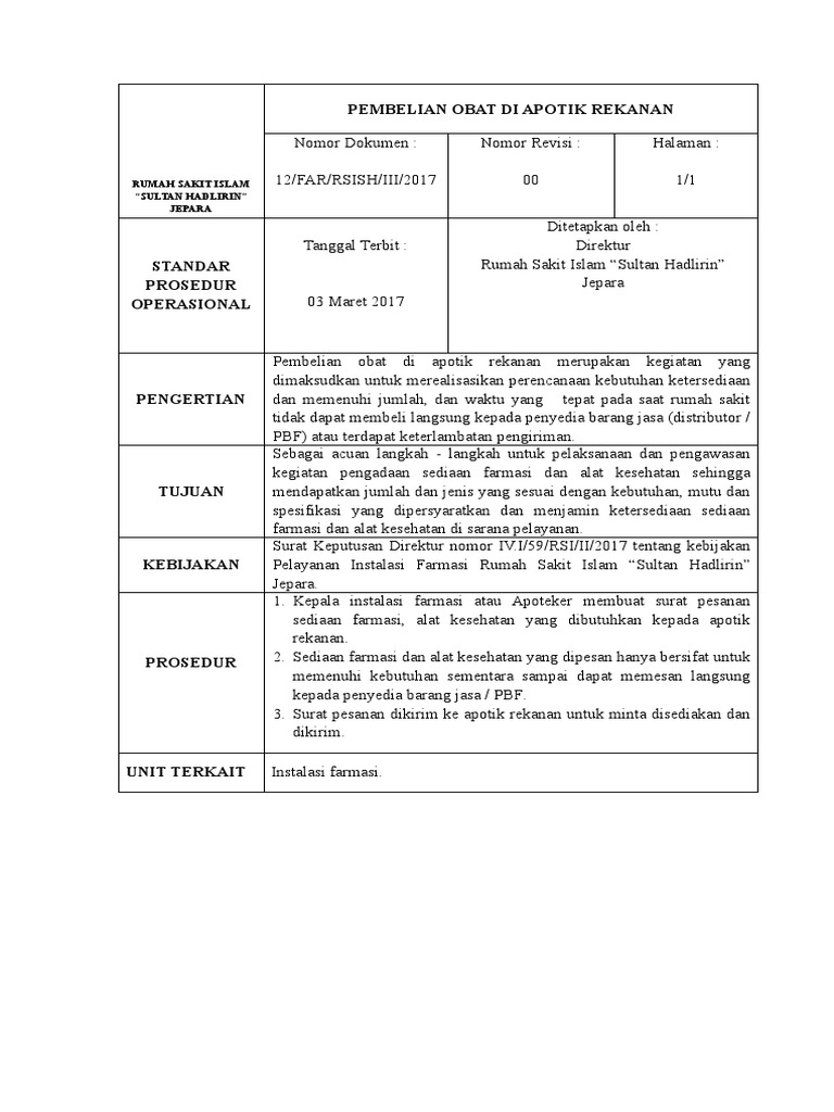 Sop Pembelian Obat Di Apotik Rekanan | PDF