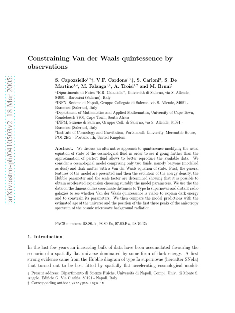Van Der Waals Quintessence | PDF | Physical Cosmology | Dark Energy