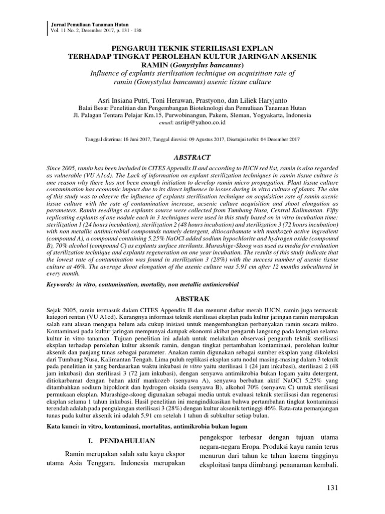 Pengaruh Teknik Sterilisasi Explan Terhadap Tingkat Perolehan Kultur ...