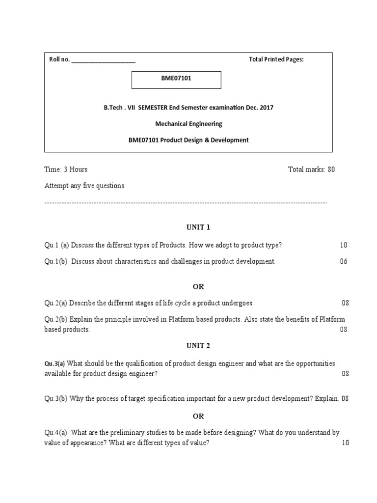 Product Design and Development Exam: Questions Covering All Aspects of ...