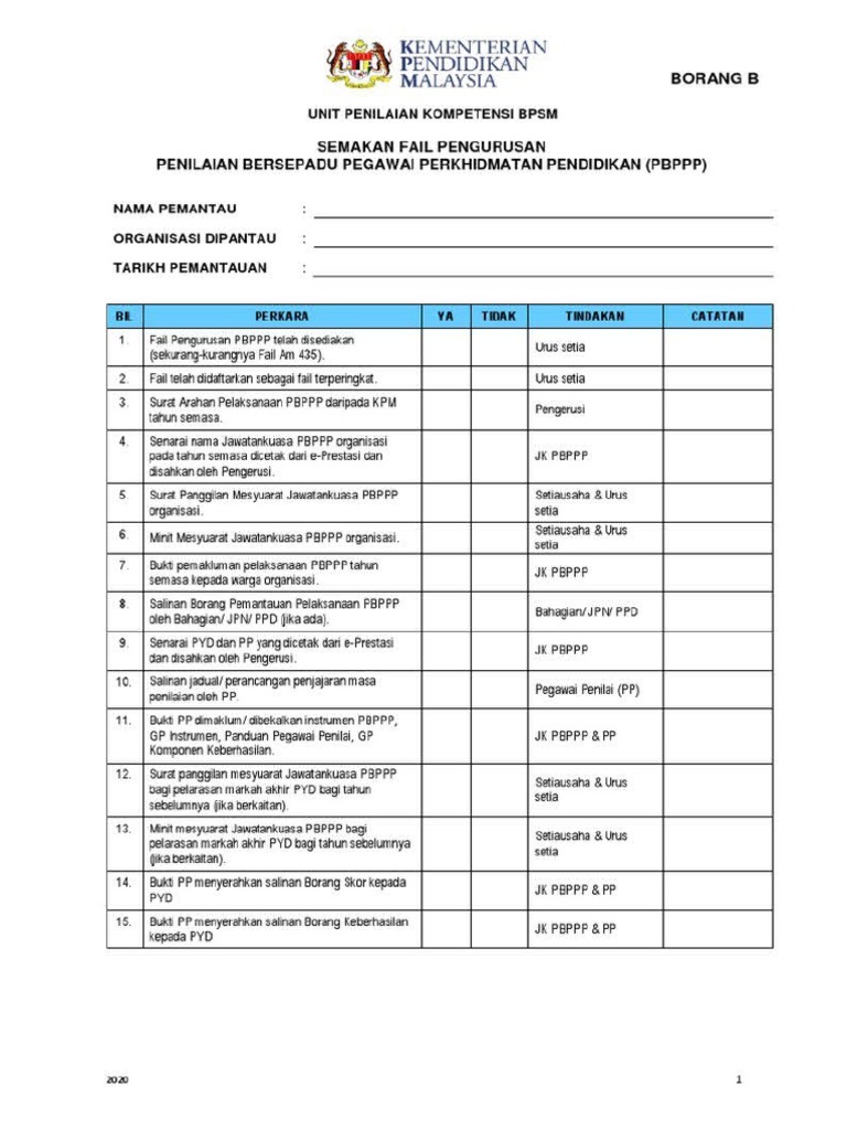 Borang Semakan Fail PBPPP | PDF