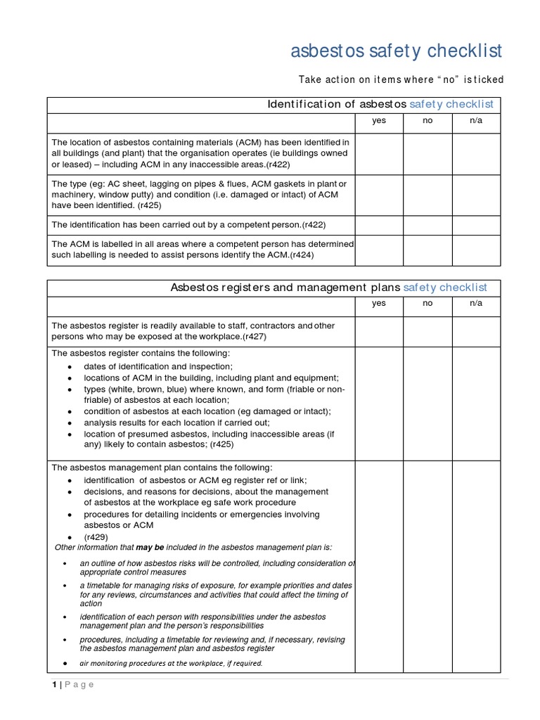Asbestos Safety Checklist Pdf Asbestos Personal Protective Equipment