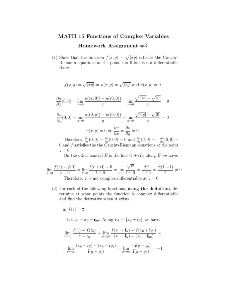 MATH 15 Functions of Complex Variables Homework Assignment #3 | PDF | Subtraction | Analysis