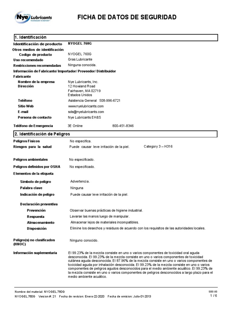 NYOGEL 760G Spanish MSDS | PDF | Seguridad y salud ocupacional | Agua