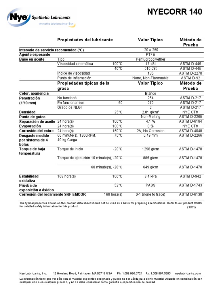 Propiedades del lubricante NYECORR 140 | PDF | Materiales | Sustancias ...