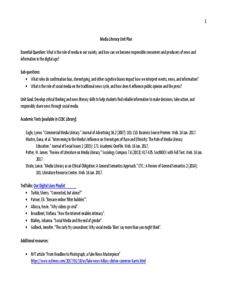 Media Literacy Unit Plan Overview | PDF | News | Social Media