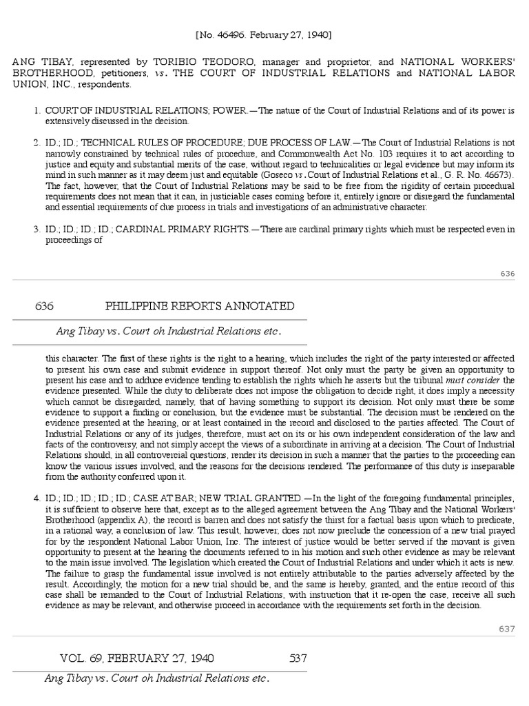 Ang Tibay vs. CIR, 69 Phil 635 (1940) | PDF | Leasehold Estate | Equity ...