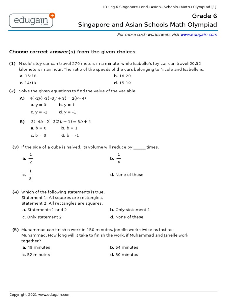 Grade 6 Singapore+and+Asian+Schools+Math+Olympiad SG | PDF | Teaching ...