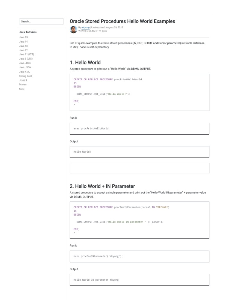 Oracle Stored Procedures Hello World Examples | PDF | Parameter ... Oracle Stored Procedures Hello World Examples | PDF | Parameter ...