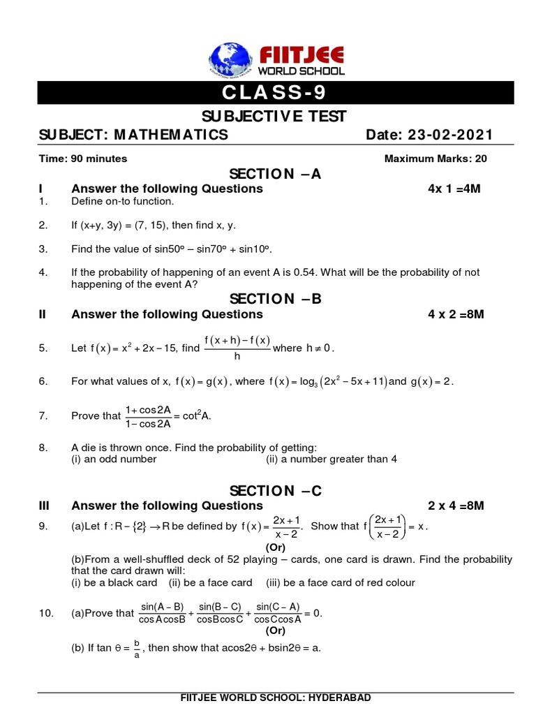 CLASS-9 - MATHS-subjective - 23.2.21 | PDF | Mathematical Concepts ...