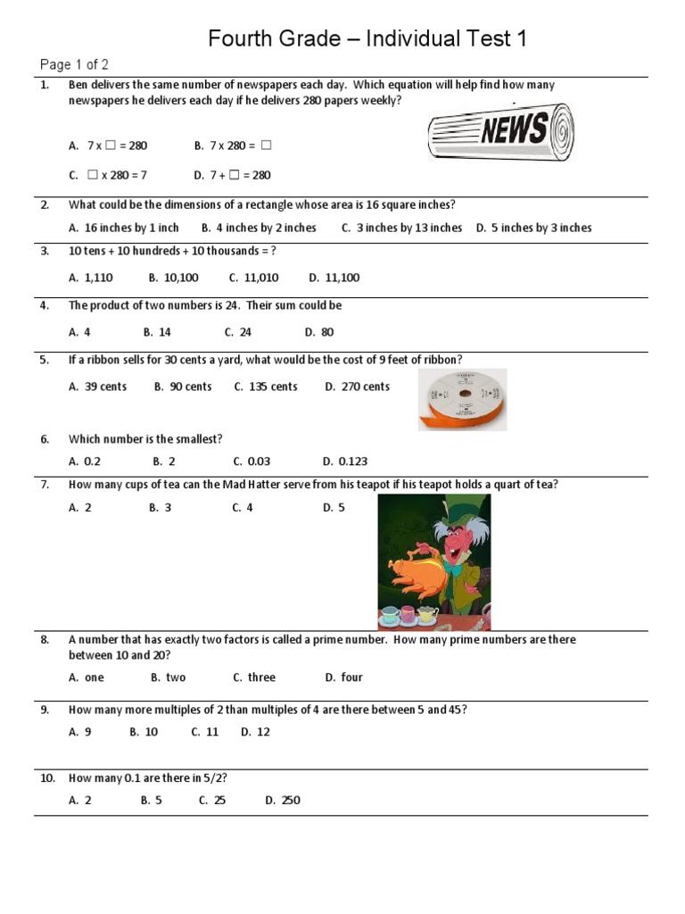 4th Grade Math Competition Test 1 | PDF | Teaching Mathematics ...