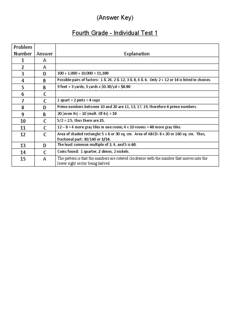 4th Grade Math Olympiad Solutions | PDF