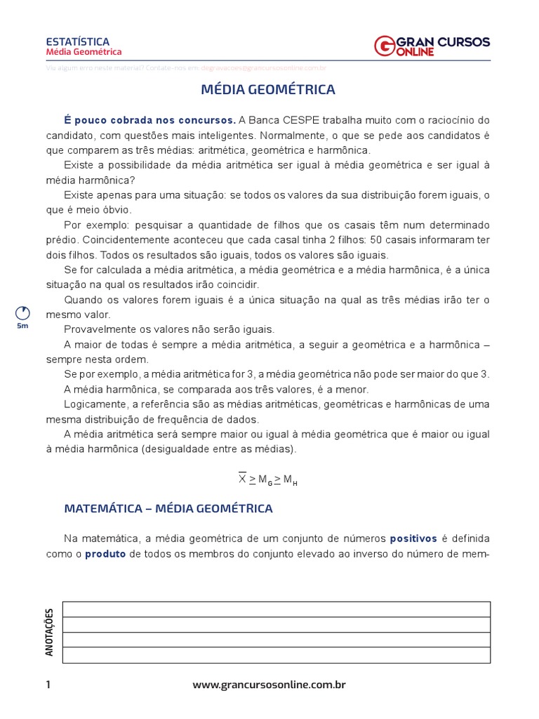 Média Geométrica: Conceito, Cálculo e Exemplos | PDF | Média ...