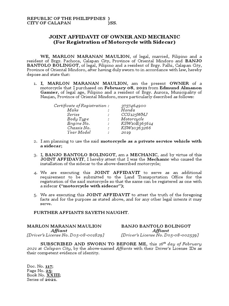 Joint Affidavit of Owner and Mechanic (For Registration of Motorcycle ...