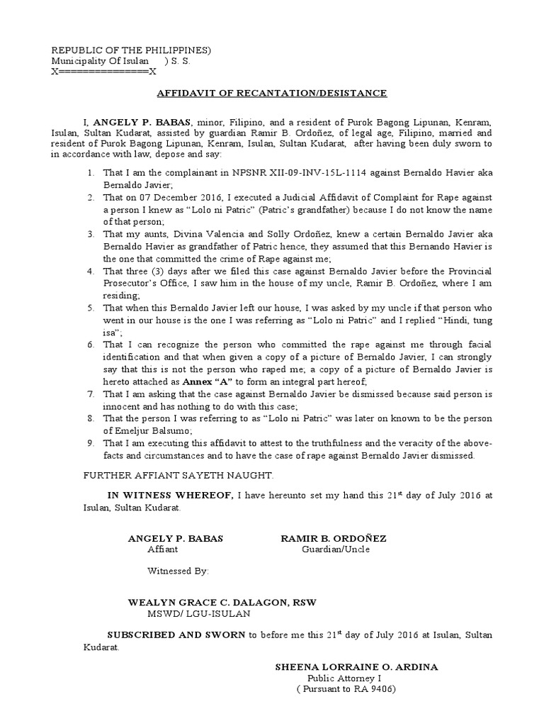 Affidavit of Recantation-Javier | PDF | Affidavit | Criminal Law