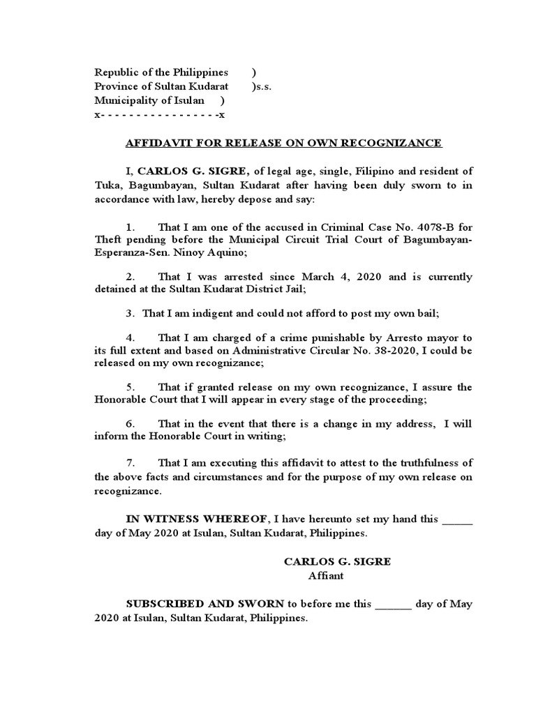 Affidavit of Release On Own Recognizance | PDF | Affidavit | Bail