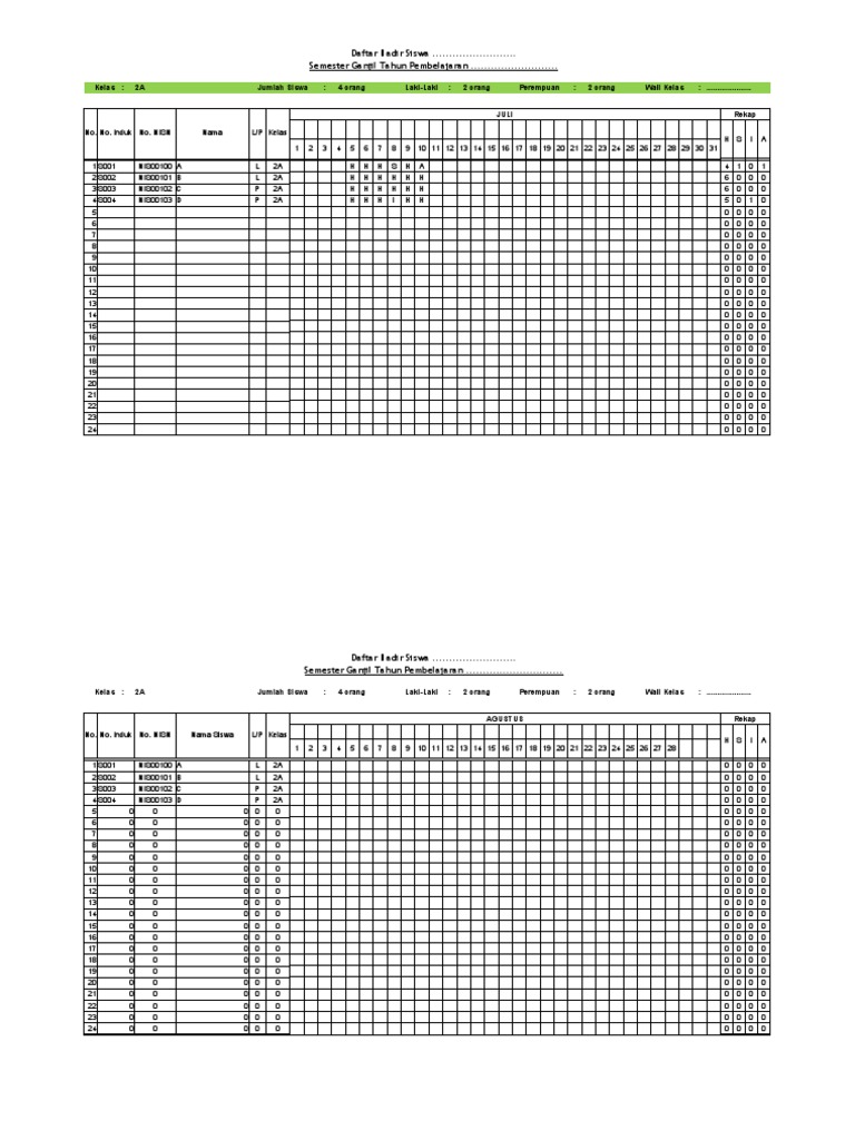 Format Absensi Satu Semester | PDF