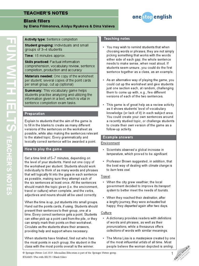 Blank Fillers Teacher'S Notes | PDF | Sentence (Linguistics) | Reading ...