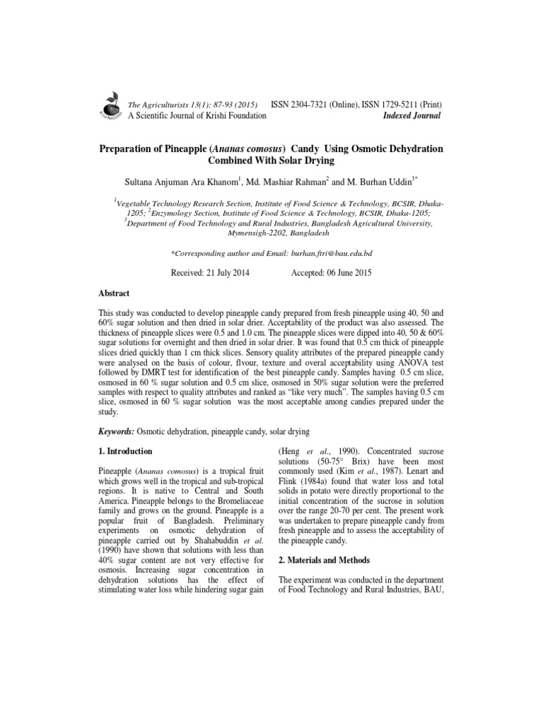 Preparation of Pineapple (Ananas Comosus) Candy Using Osmotic Dehydration Combined With Solar ...