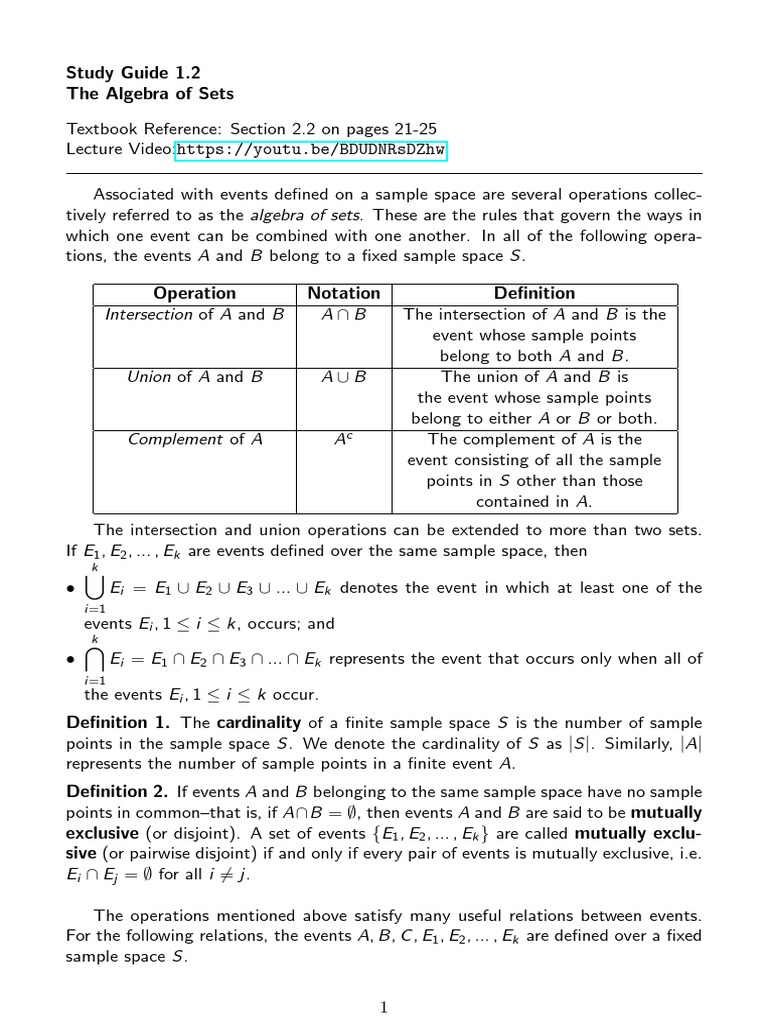 1.2 The Algebra of Sets | PDF | Intersection (Set Theory) | Set ...