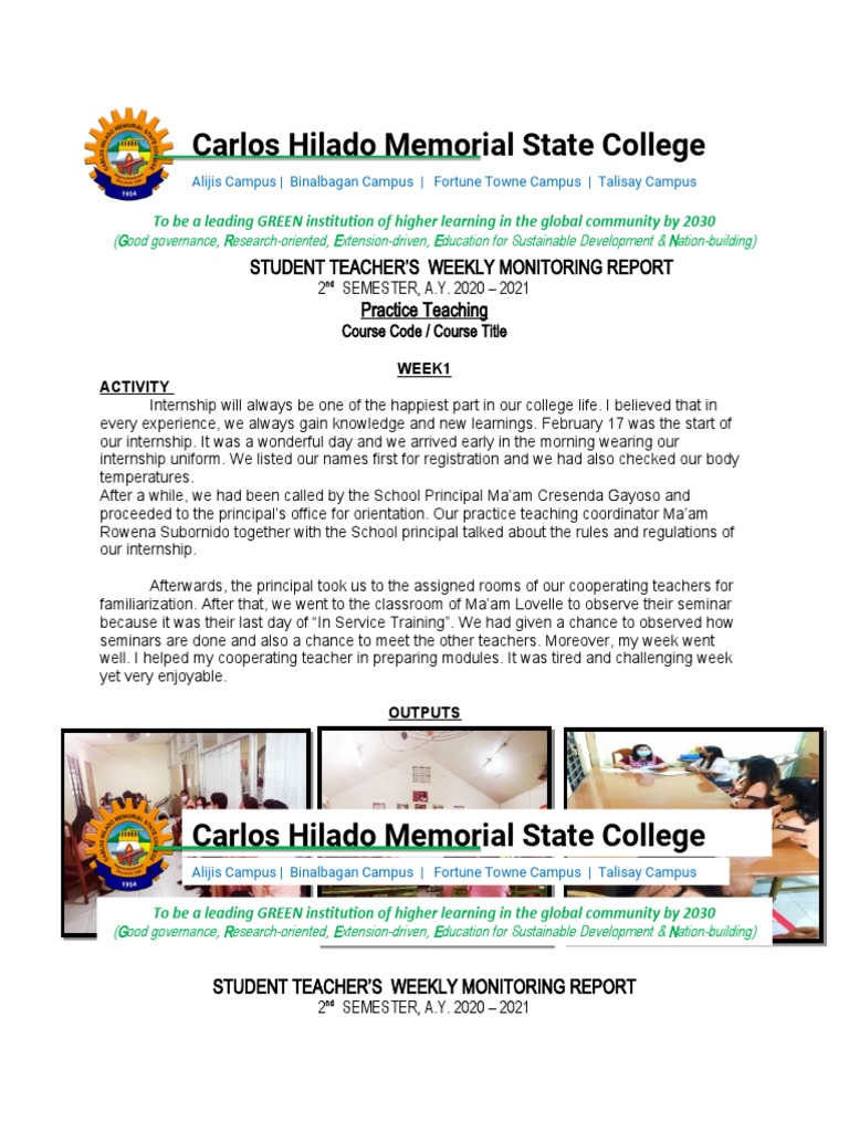Carlos Hilado Memorial State College: Student Teacher'S Weekly ...
