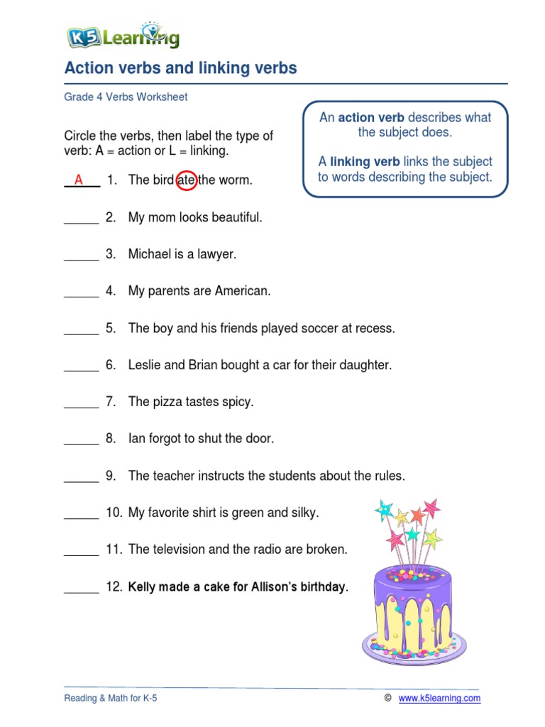 Grade 4 Action Linking Verbs A | PDF