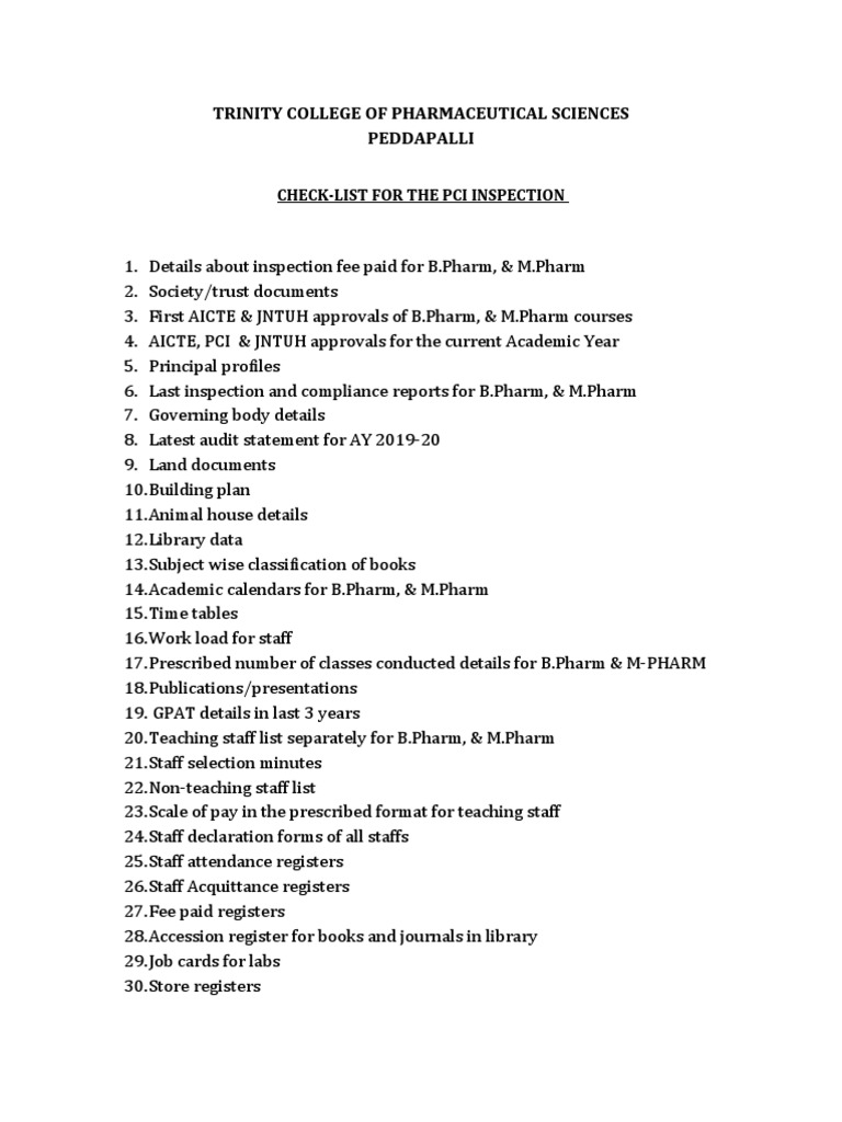 PCI Inspection Checklist for Trinity College | PDF