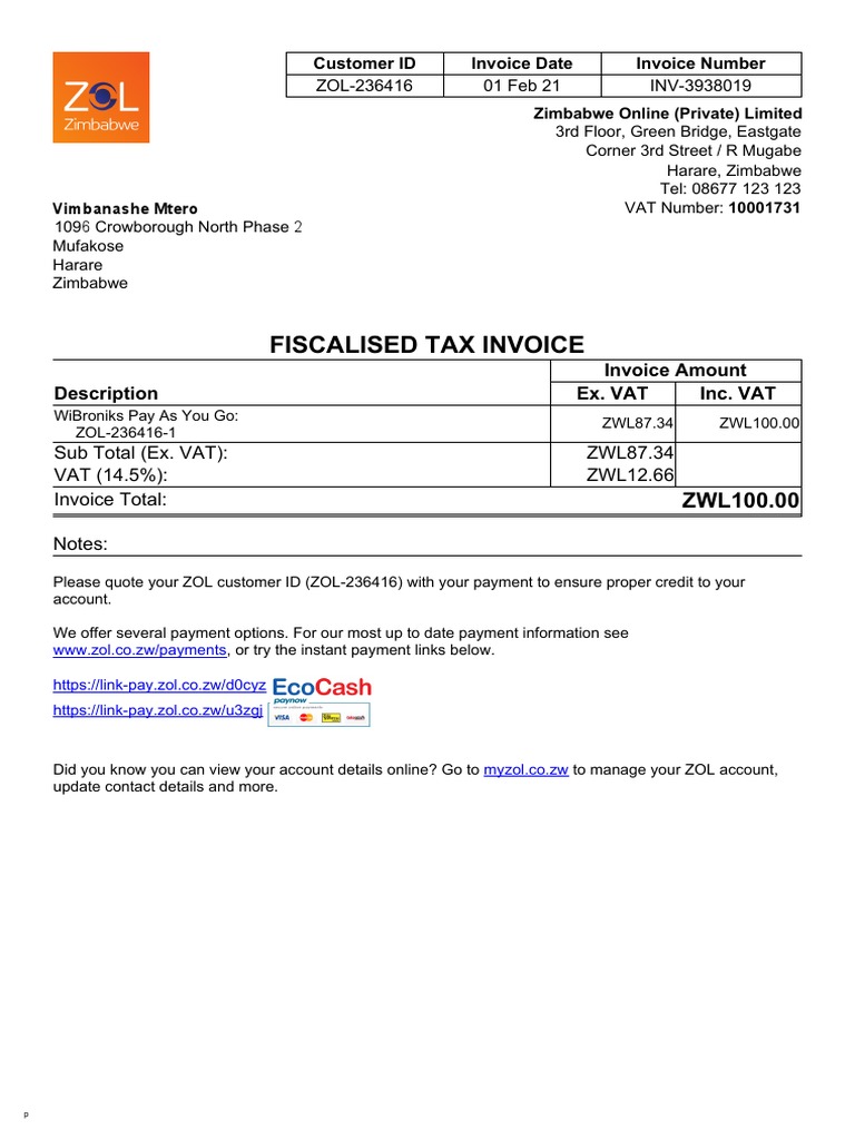 Fiscalised Tax Invoice: Description Invoice Amount Ex. Vat Inc. VAT ...