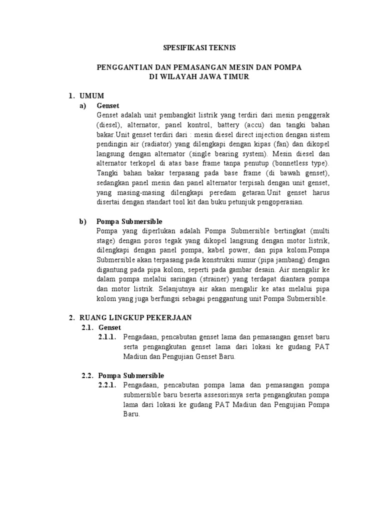 Spektek Genset Pompa Jatim 2021 Rev.1 | PDF