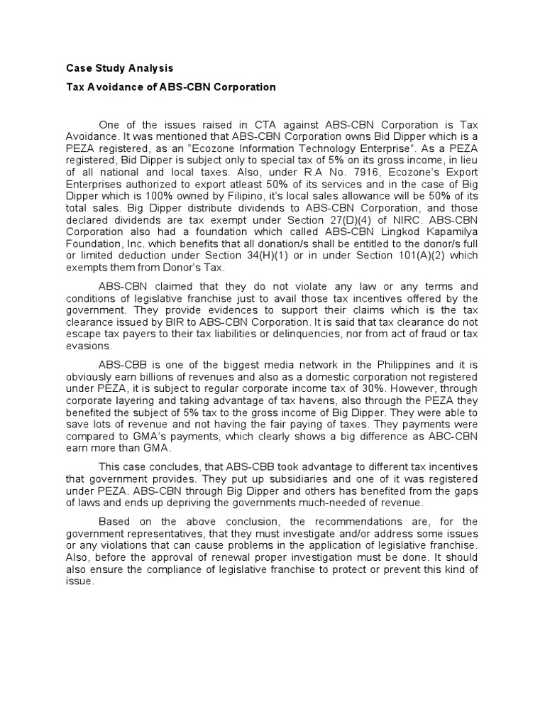 Case Study Analysis Tax Avoidance of ABS-CBN Corporation | PDF | Corporate Tax In The United ...